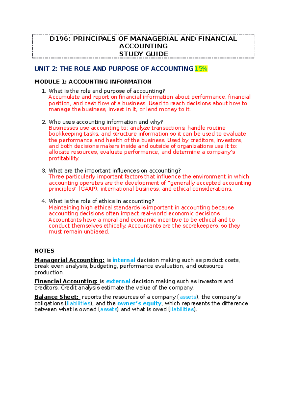 D196: Study Guide for Managerial & Financial Accounting - Unit 2 ...