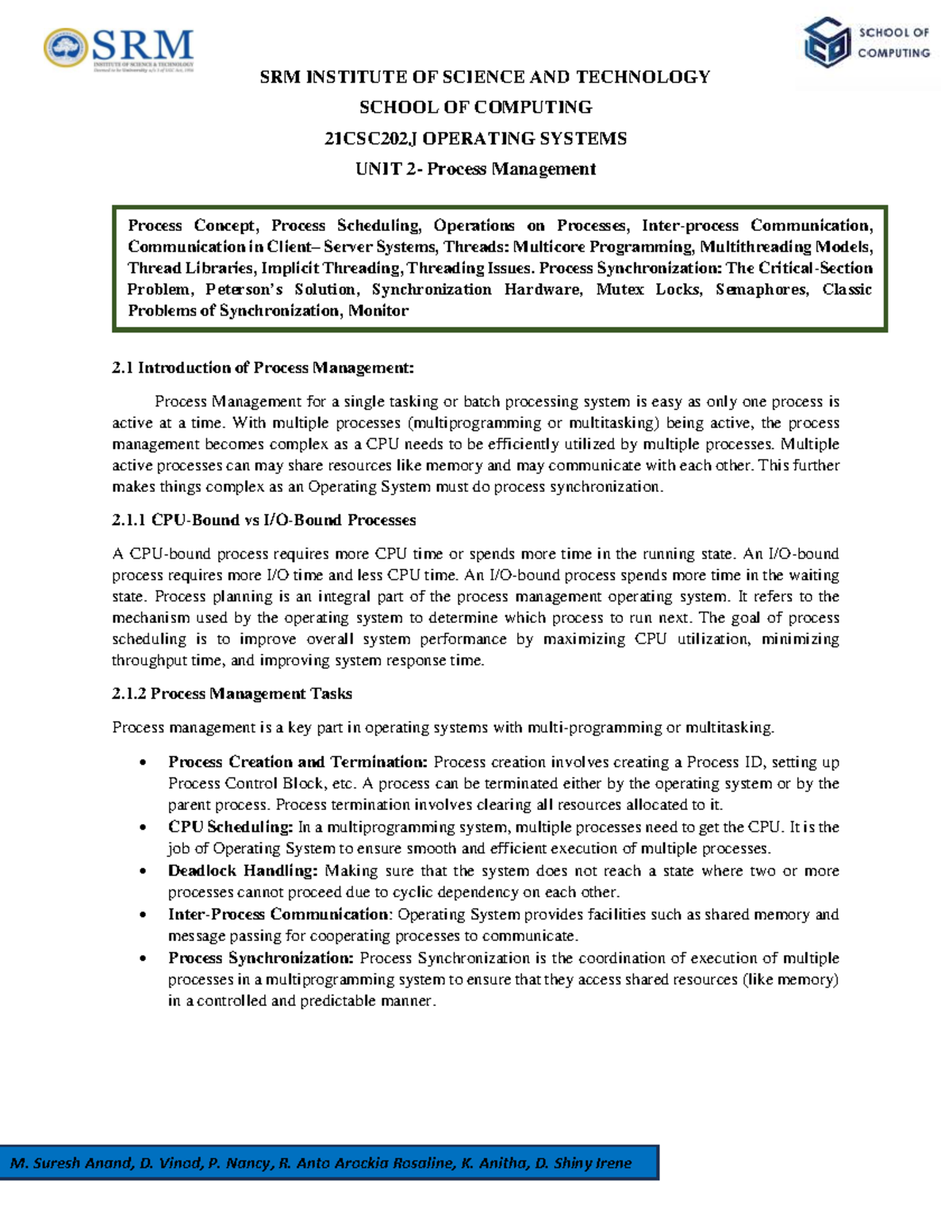 21CSC202J Operating Systems: Process Management and Synchronization ...