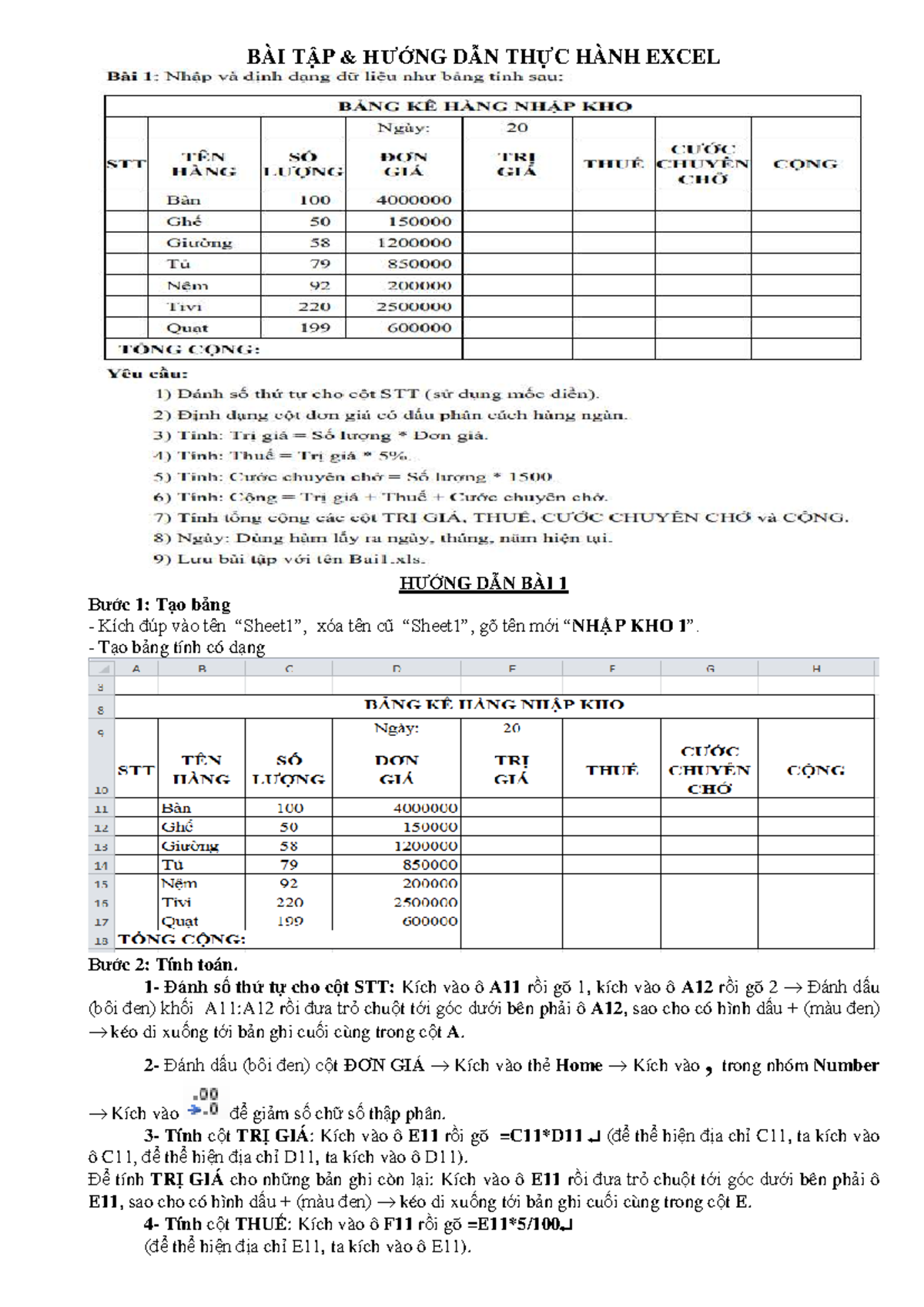 BÀI TẬP & HƯỚNG DẪN THỰC HÀNH EXCEL - BÀI 1 ĐẾN BÀI 15 - Studocu