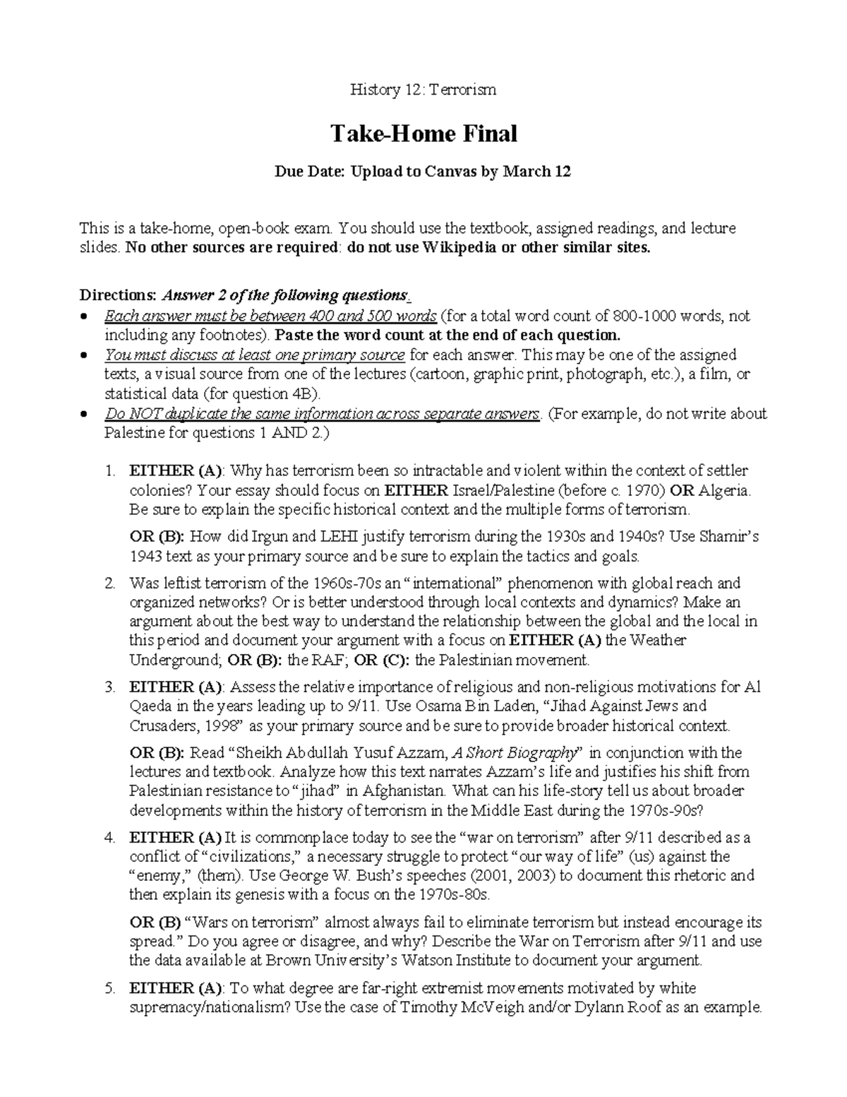 History 12: Take-Home Final Exam on Terrorism - Due Mar 12 - Studocu