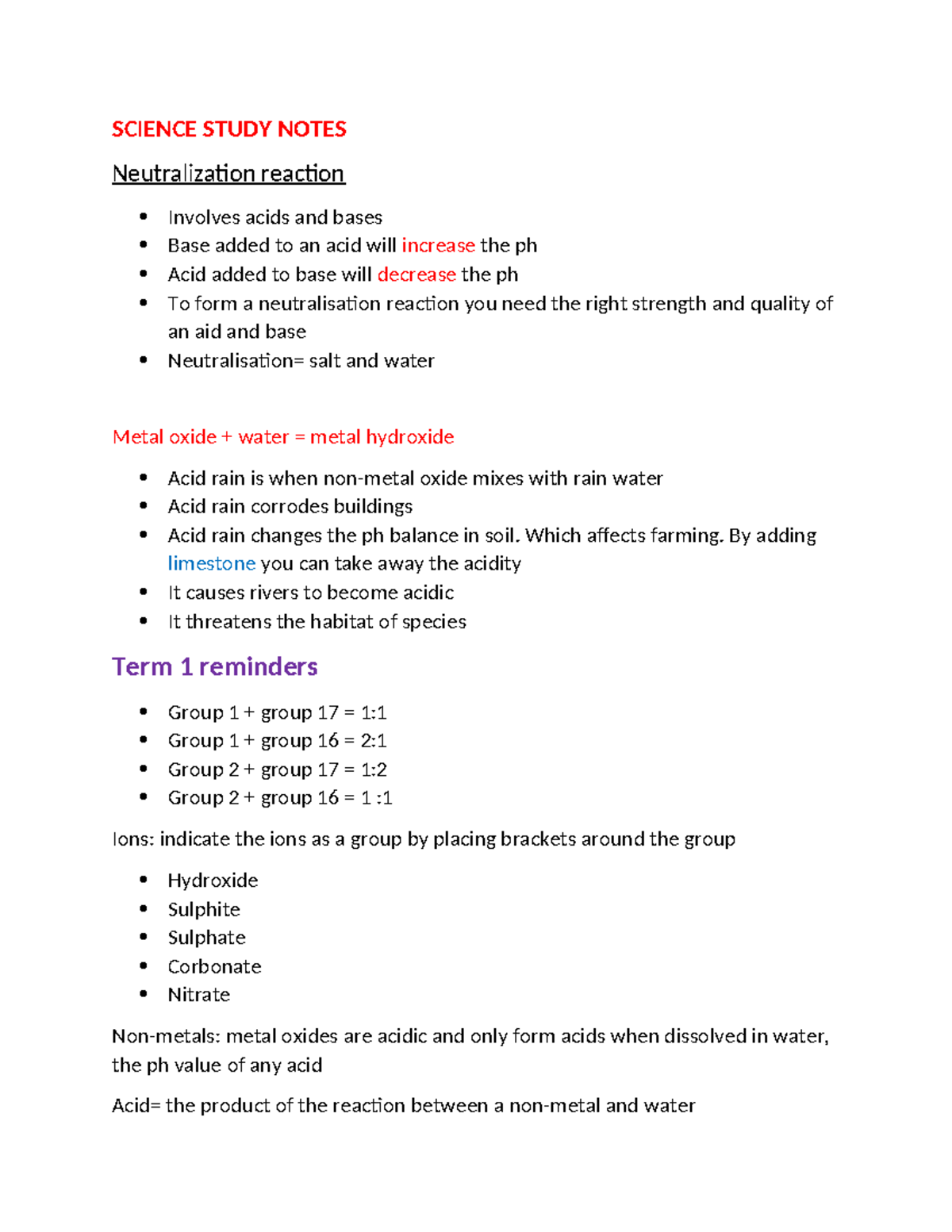 SCIENCE NOTES: Neutralization Reactions & Forces Overview - Studocu
