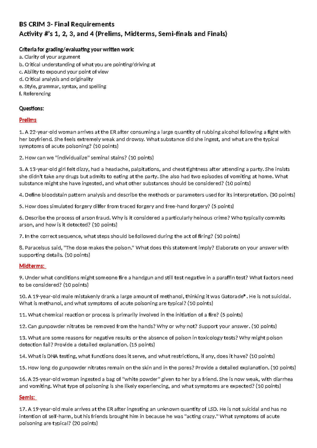 BS CRIM Final Exam: Forensic Chemistry Requirements & Activities - Studocu