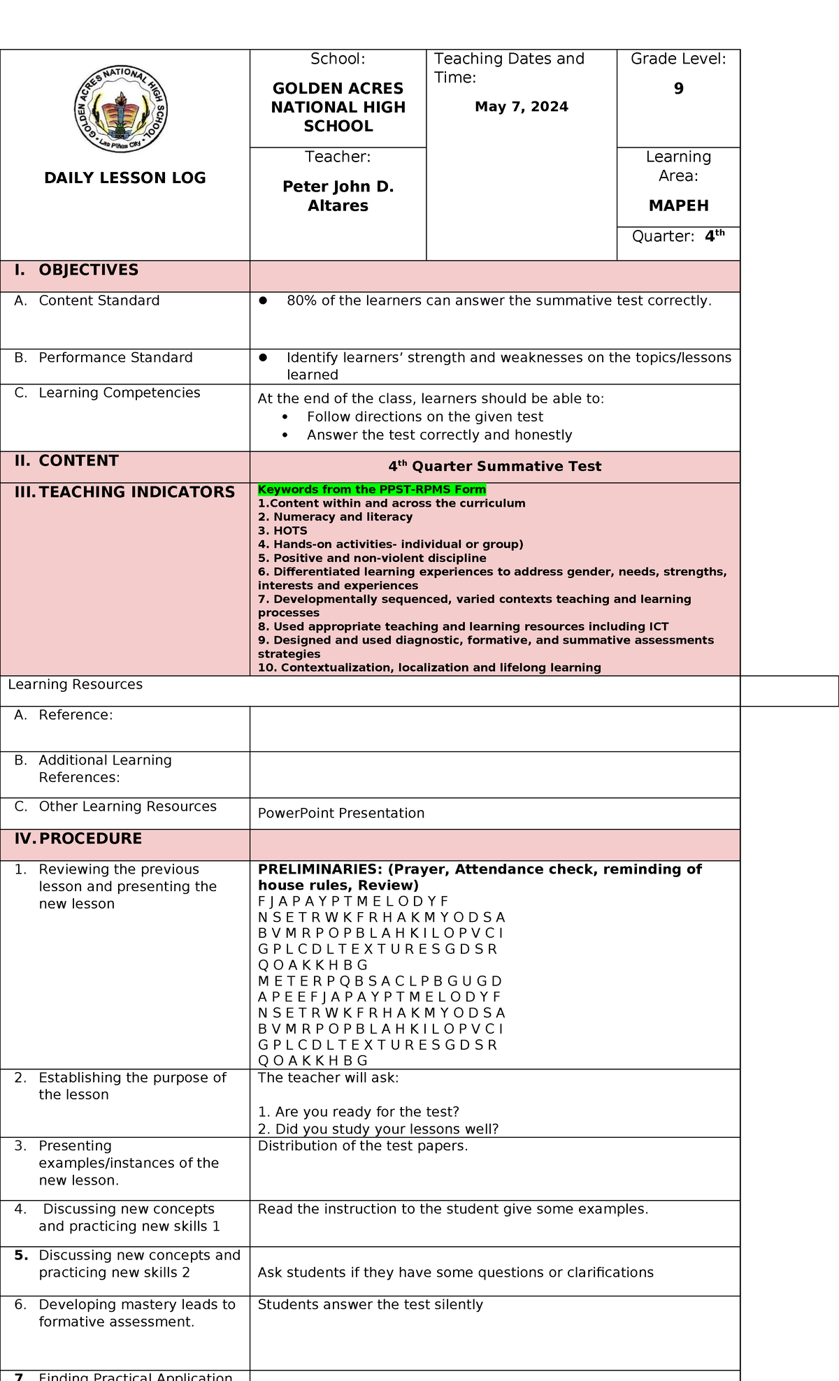 DLL- Summative Test Lesson Plan for 9th Grade MAPEH - May 7, 2024 - Studocu