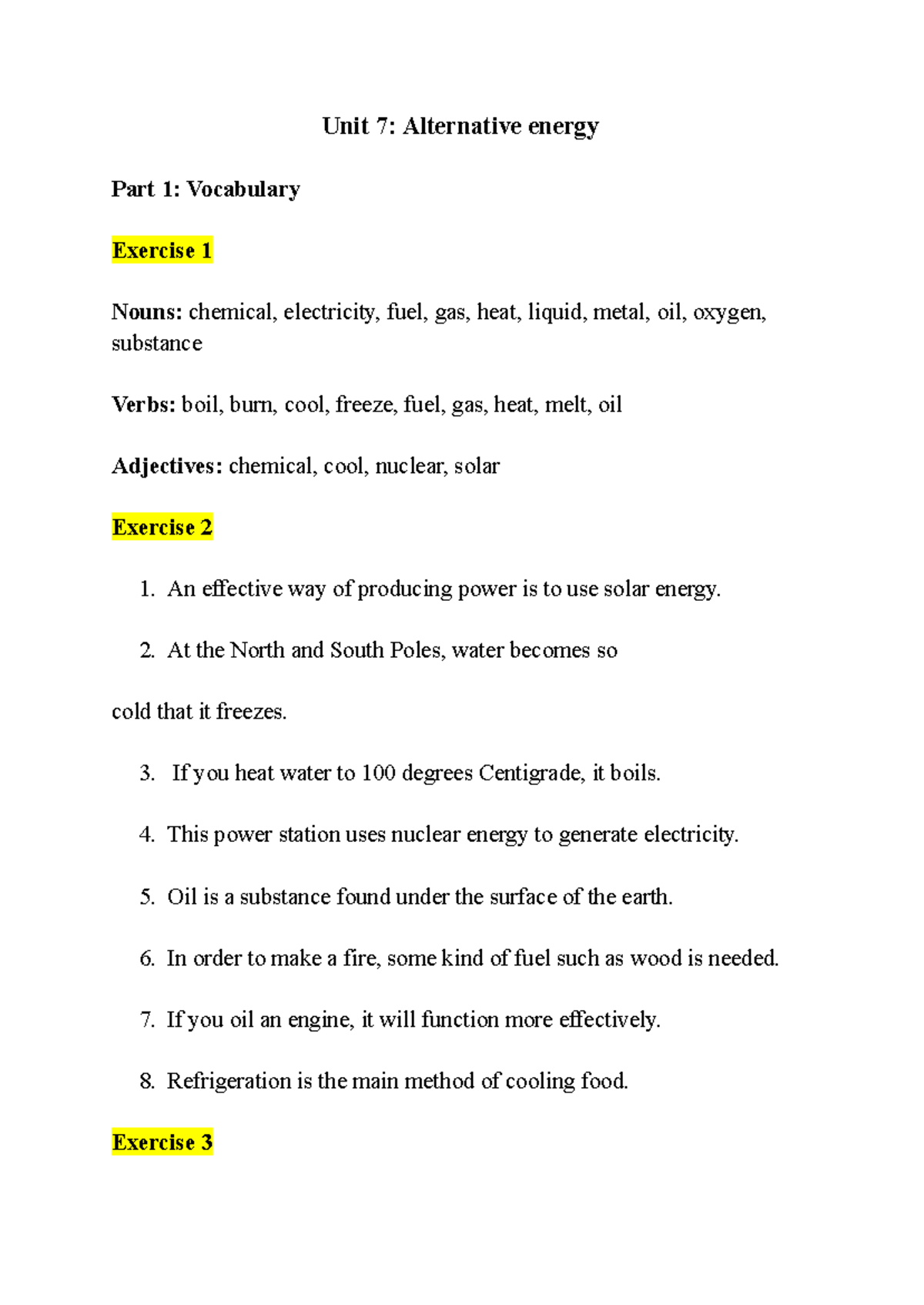 Unit 7: Alternative Energy Vocabulary and Exercises - Studocu
