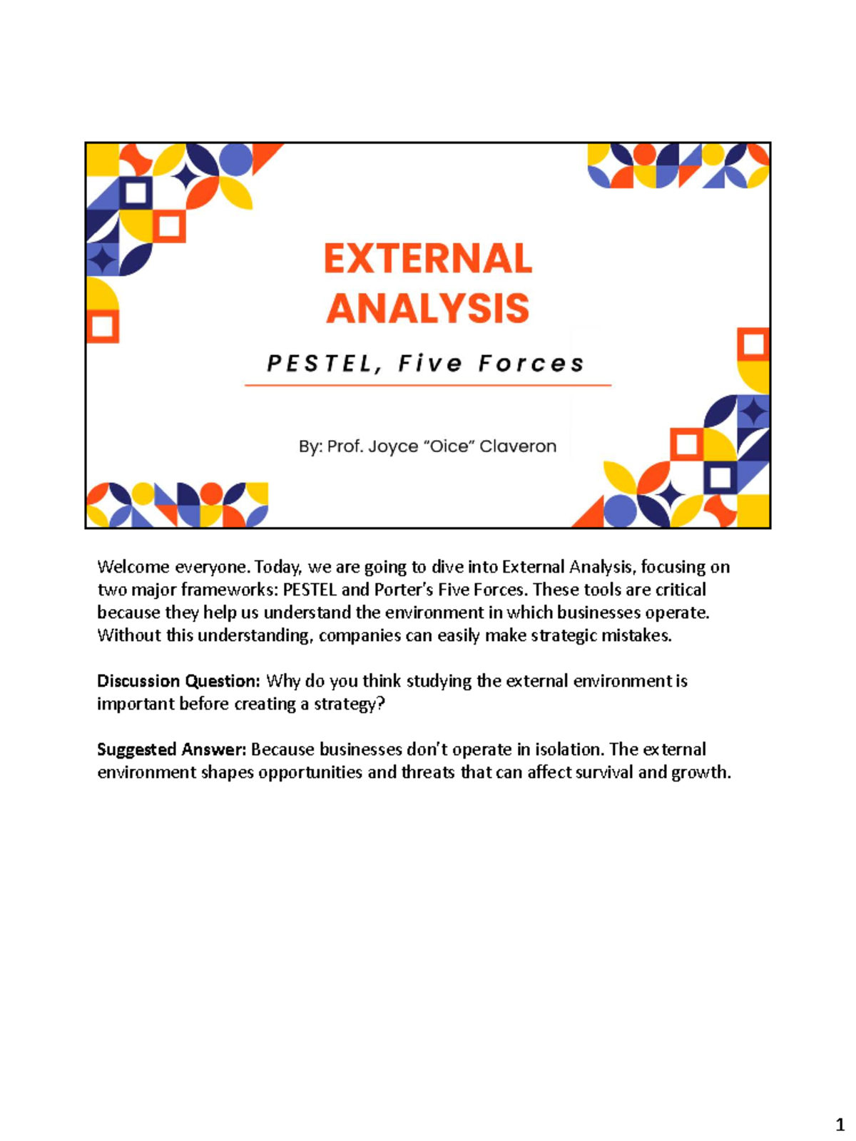 Lesson 3: External Analysis - PESTEL & Five Forces (Strategic Mgt ...