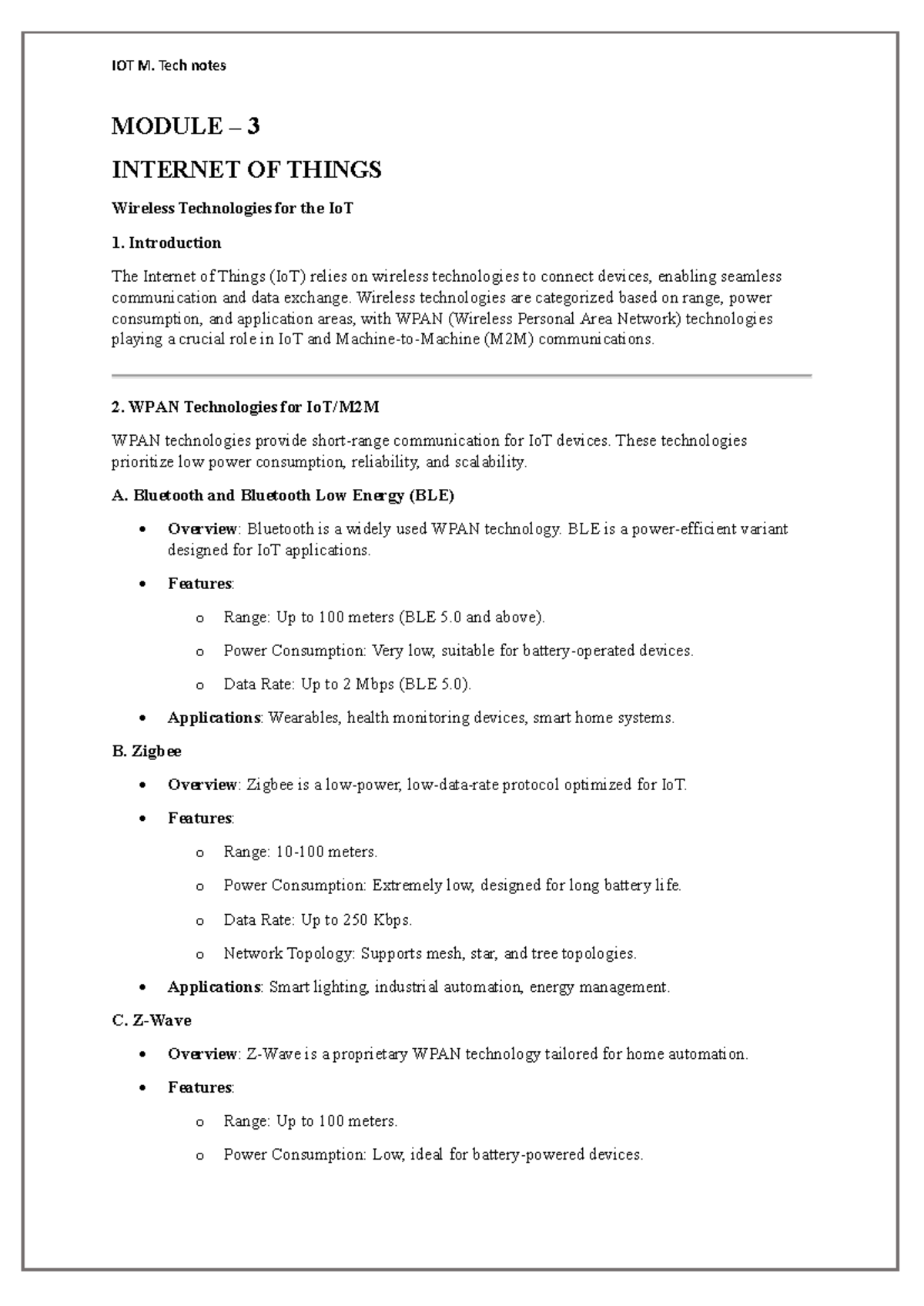 IOT M. Tech Notes: Module 3 - Wireless Technologies for IoT - Studocu