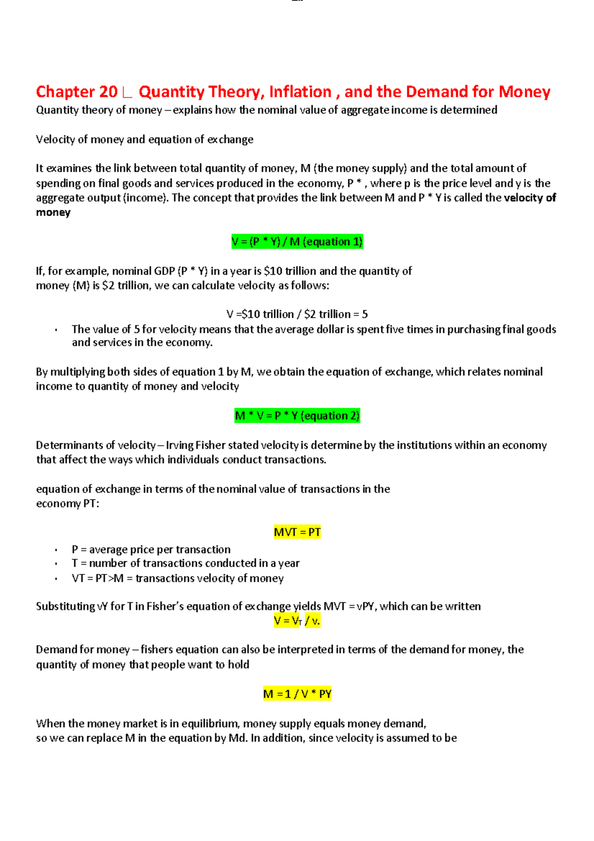Chapter 20 - Quantity Theory, Inflation, and Money Demand Analysis ...