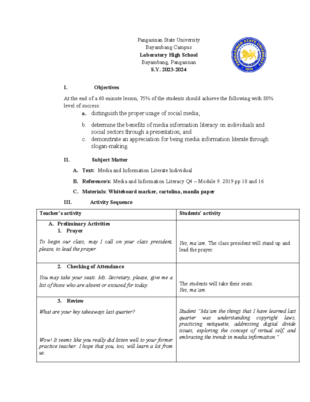 Media and Information Literacy Lesson Plan - S.Y. 2023-2024 - Studocu