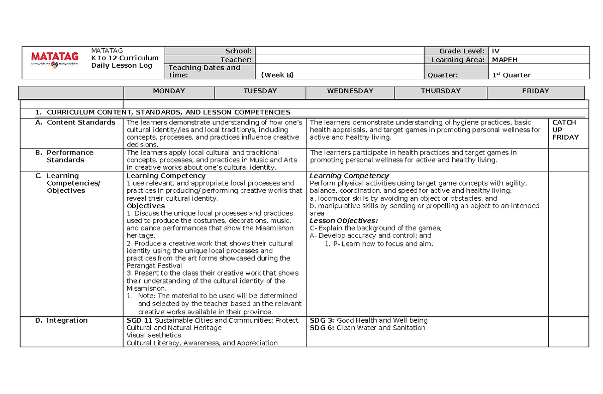 Matatag K to 12 DLL Week 8: MAPEH Grade 4 Lesson Plans - Studocu