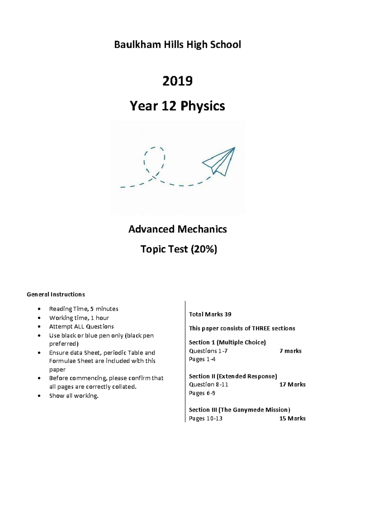 BHHS HSC Year 12 Physics Advanced Mechanics Topic Test 2019 - Studocu