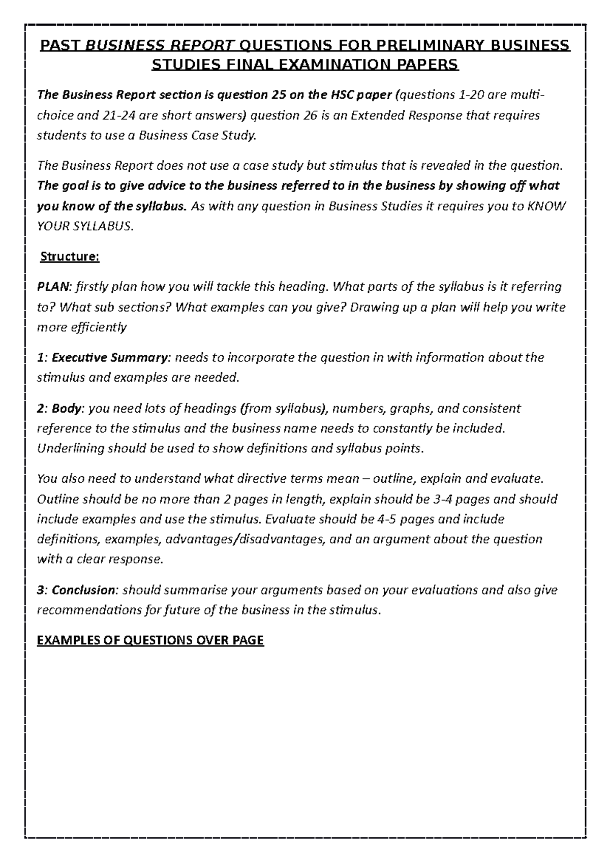 Business Report Questions from Past Preliminary HSC Exams - Studocu