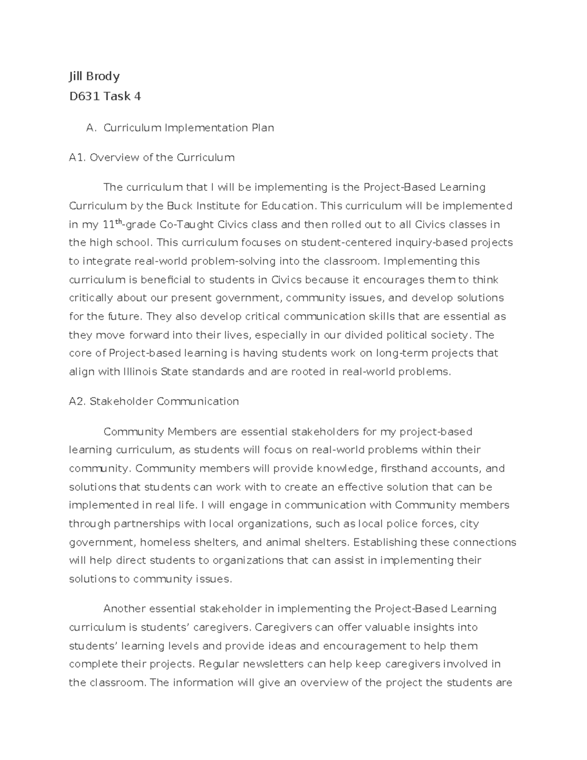 D631 Task 4: Curriculum Implementation Plan for Civics Class - Studocu