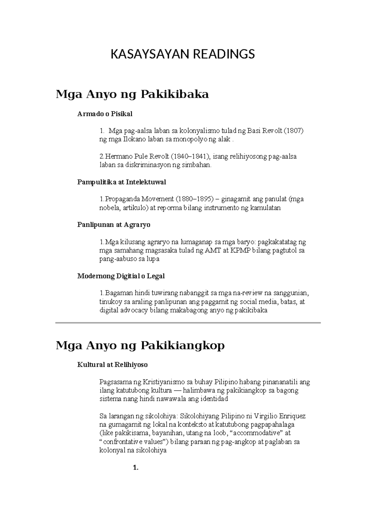 Kasaysayan Readings: Mga Anyo ng Pakikibaka at Kanilang Kahulugan - Studocu