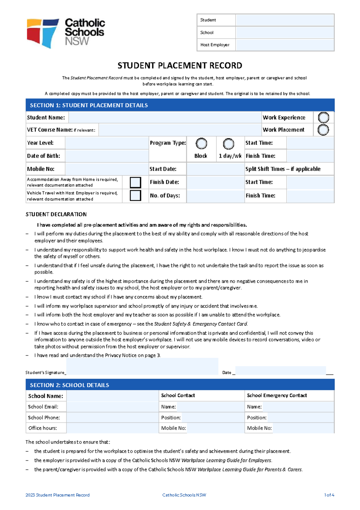 2023 Student Placement Record - Catholic Schools NSW - Studocu