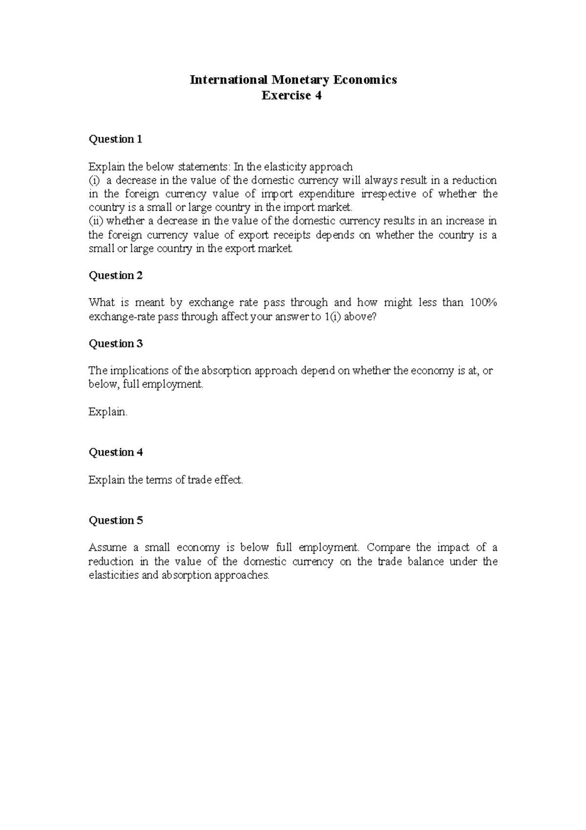 Exercise 4 - ECON1085: Intl Monetary Economics tutorial questions topic ...