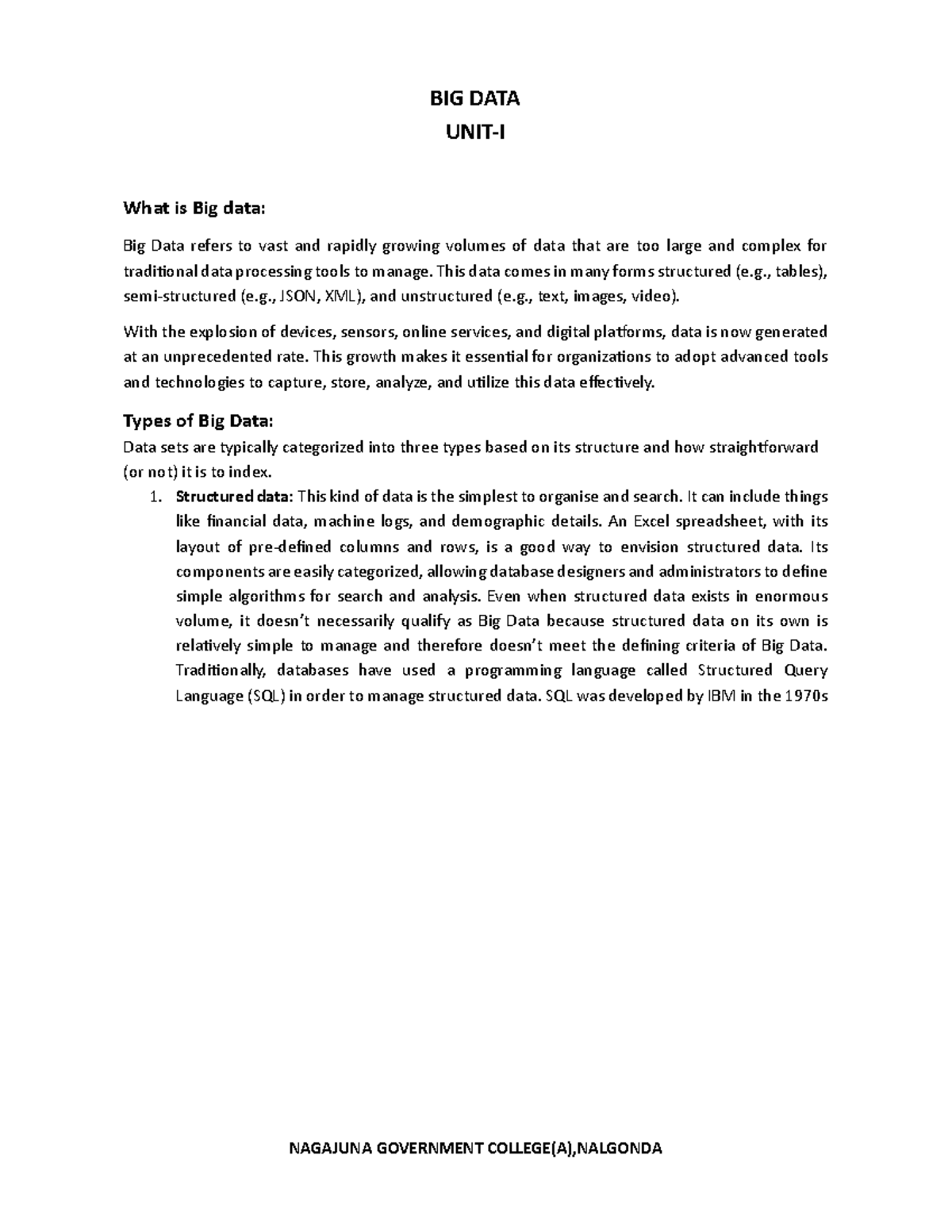 Big Data Unit 1: Understanding the Evolution and Characteristics - Studocu