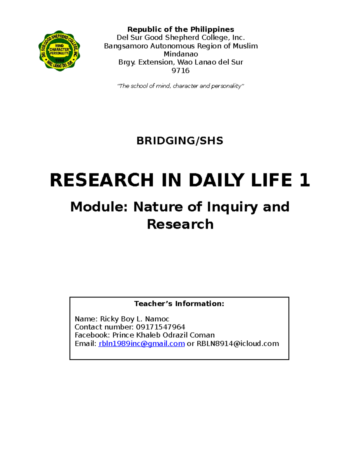 RDL 1 - Thanks - BRIDGING/SHS RESEARCH IN DAILY LIFE 1 Module: Nature ...