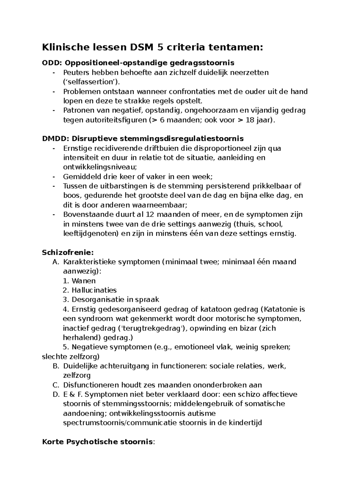 Klinische lessen DSM-5 Criteria Tentamen: Gedrags- en ...