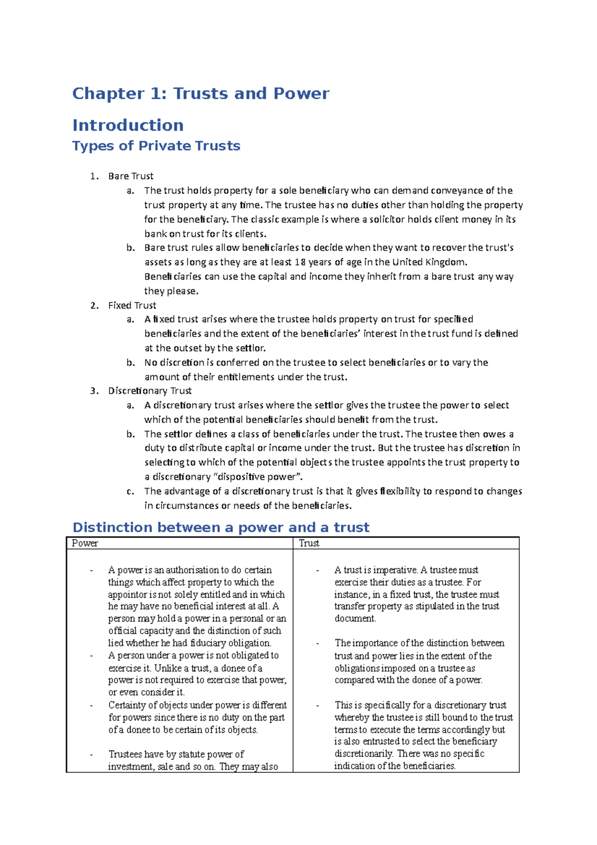 Trusts and Powers - Detailed Chapter Notes on Private Trusts - Studocu