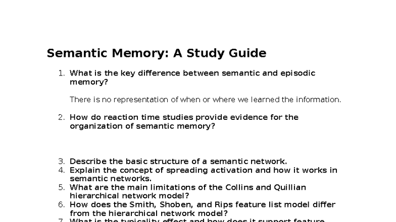 Semantic Memory Study Guide: Key Concepts & Models - Studocu