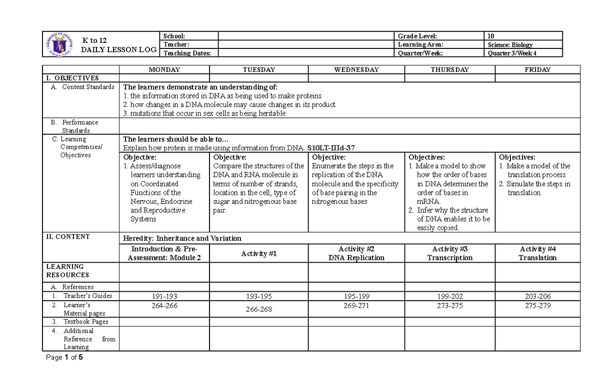 S10LT-IIId-37: Week 4 Daily Lesson Log for Biology Class - Studocu