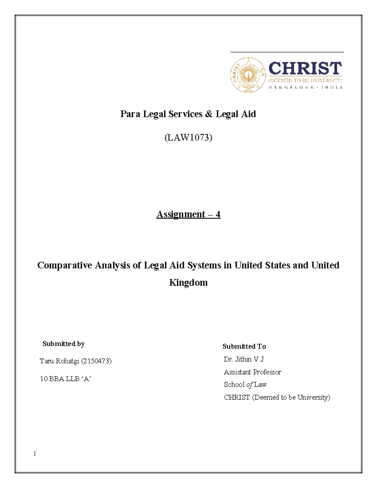 Comparative Analysis of Legal Aid Systems in US & UK (LAW1073) - Studocu