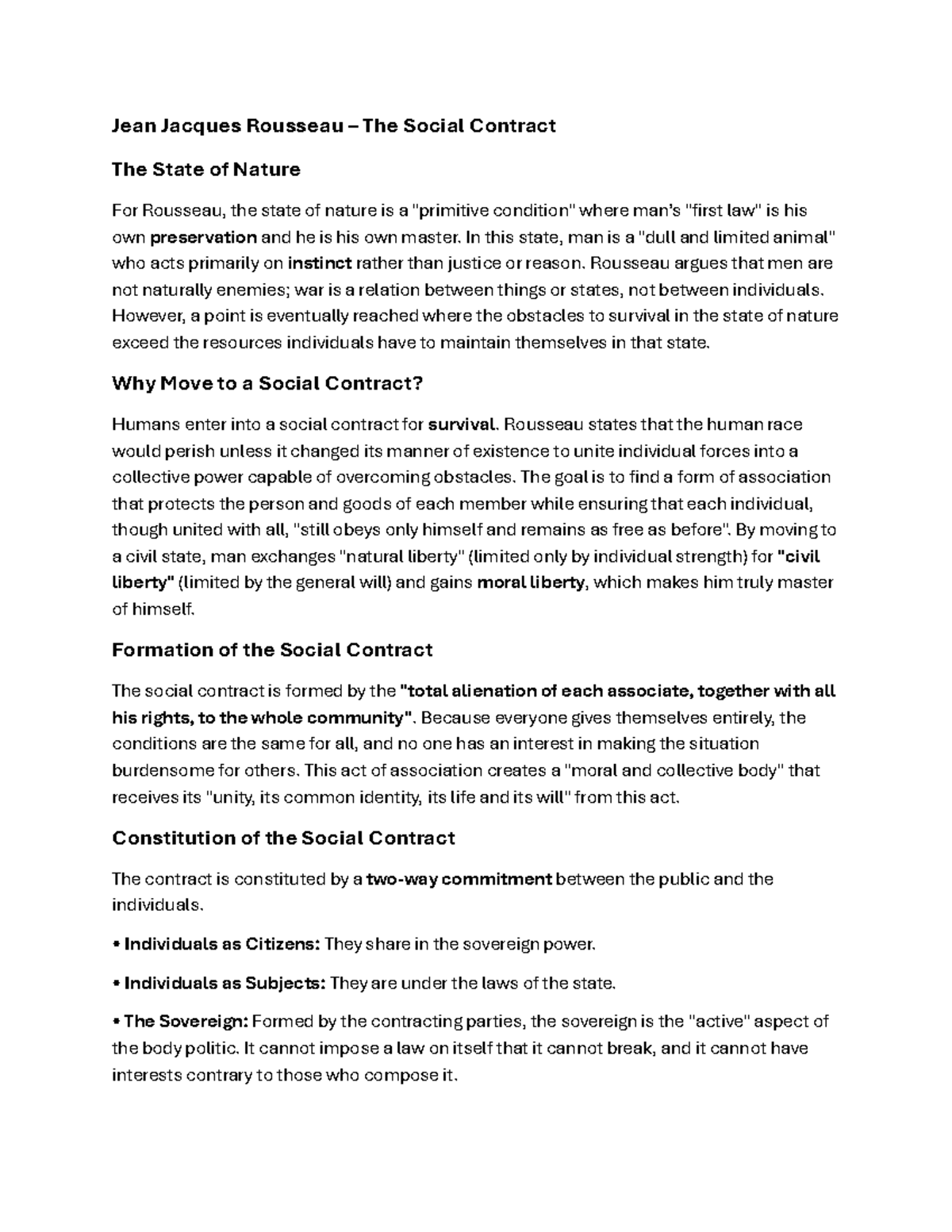 The Social Contract (PHIL 101) - Summary of Rousseau's Ideas - Studocu