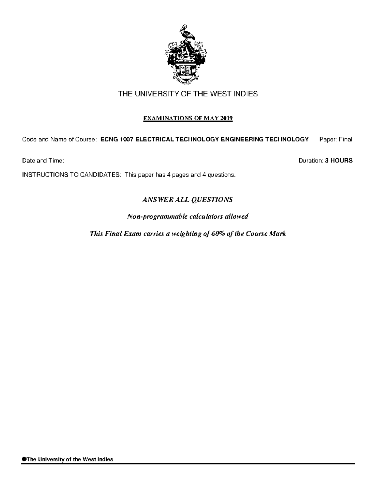 ECNG 1007 Final Exam Paper - Electrical Technology 2019 - Studocu