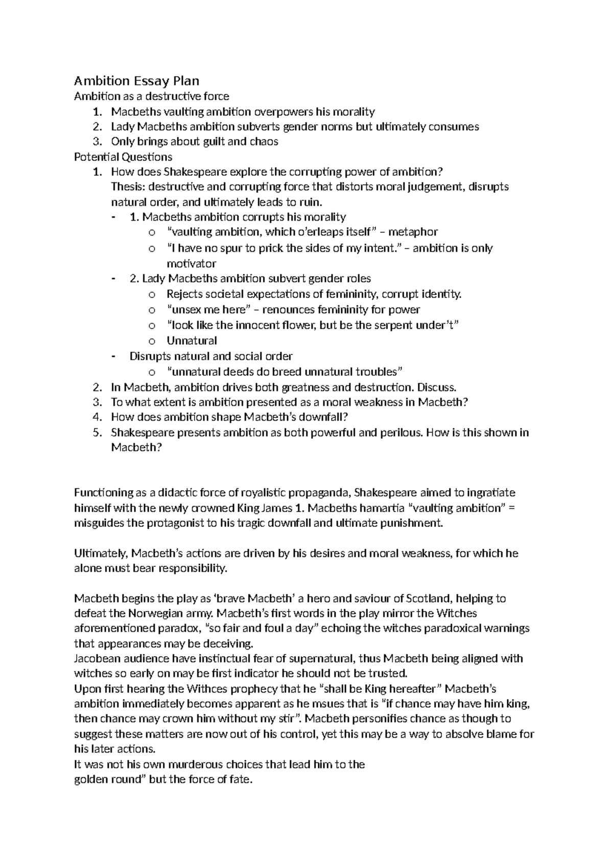 Ambition Essay Plan - Macbeth: The Destructive Force of Ambition - Studocu