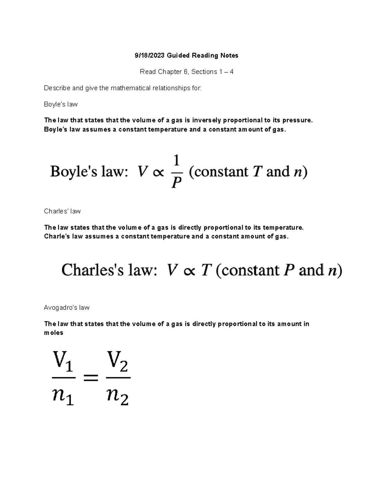 9/18/2023 Guided Reading Notes for Gas Laws (Ch. 6, Secs. 1-4) - Studocu