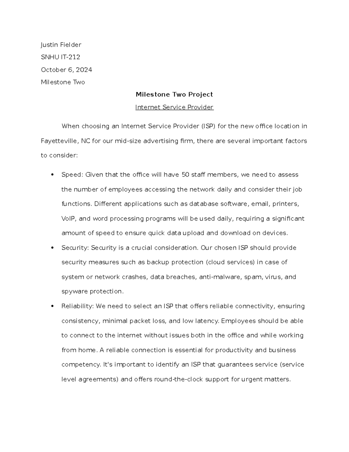 Milestone Two Justin Fielder - Justin Fielder SNHU IT- October 6, 2024 ...