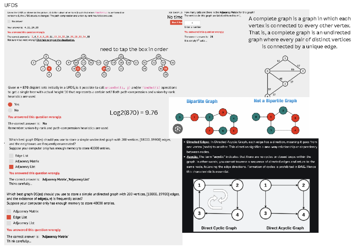 CS Visualgo Quiz2 Summary - Log2(870) = 9. need to tap the box in order UFDS A complete graph is ...