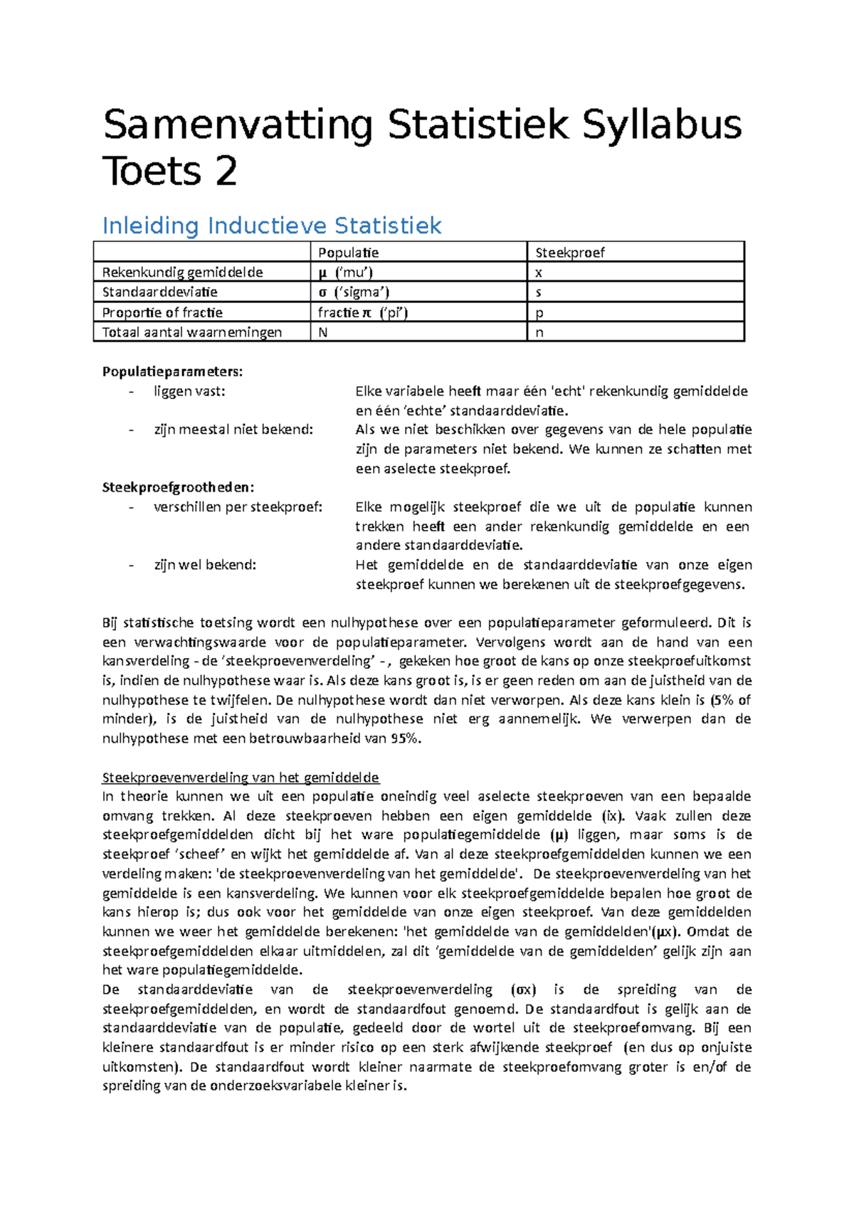 Samenvatting Statistiek Syllabus Toets 2 - Samenvatting Statistiek ...