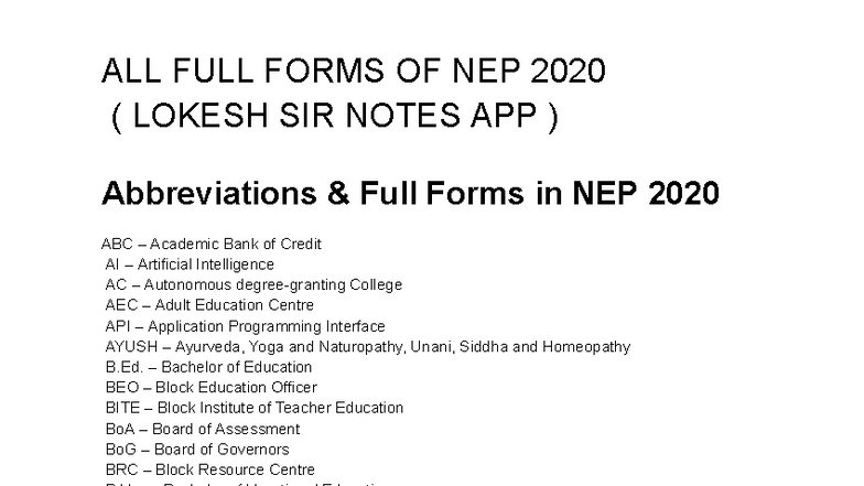 NEP 2020 Full Forms - Lokesh Sir Notes (Study Guide) - Studocu