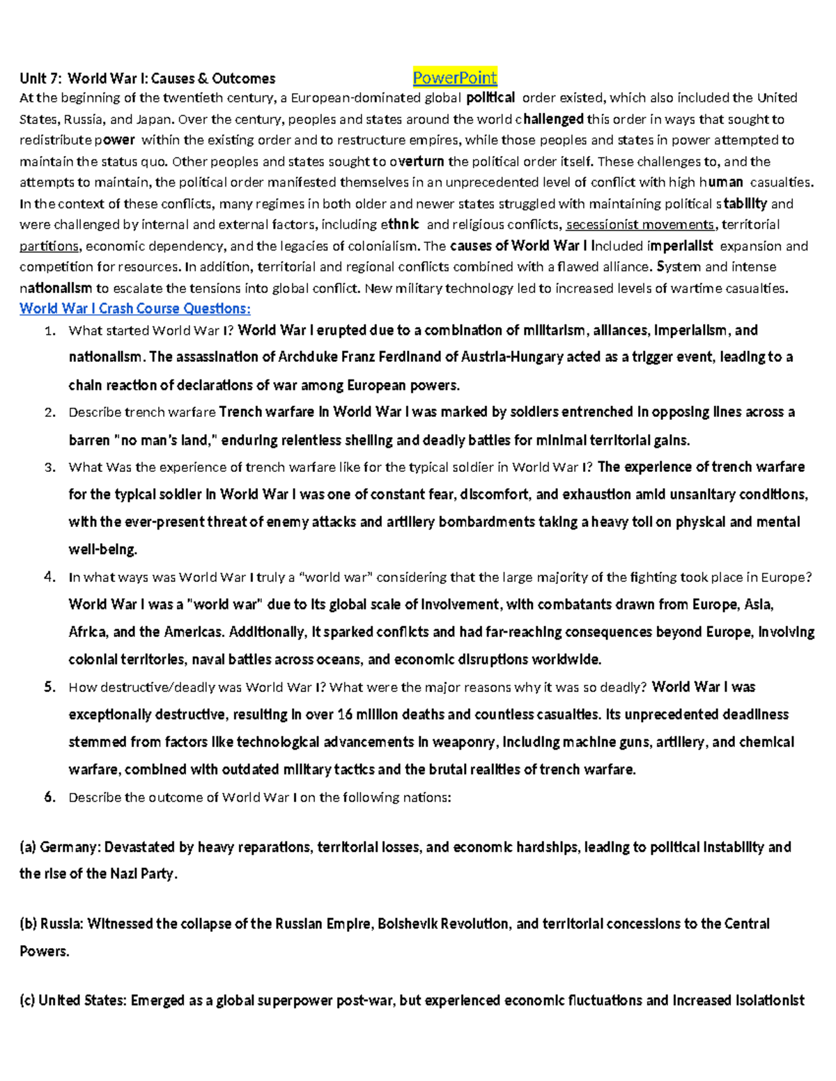 AP World History: Unit 7 - WWI Causes, Outcomes, and Major Effects ...
