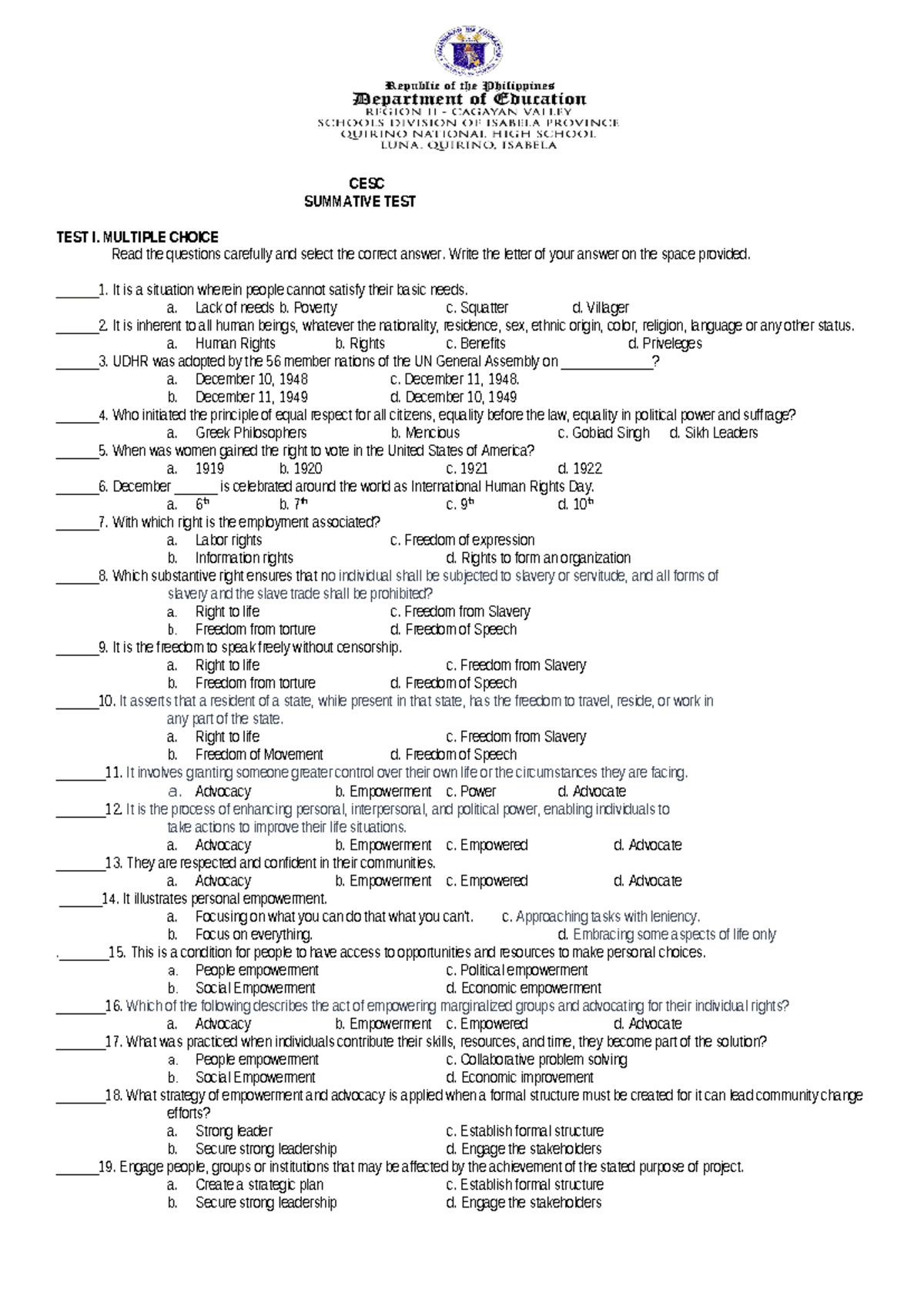 CESC SUMMATIVE TEST I: COMMUNITY ENGAGEMENT MULTIPLE CHOICE - Studocu