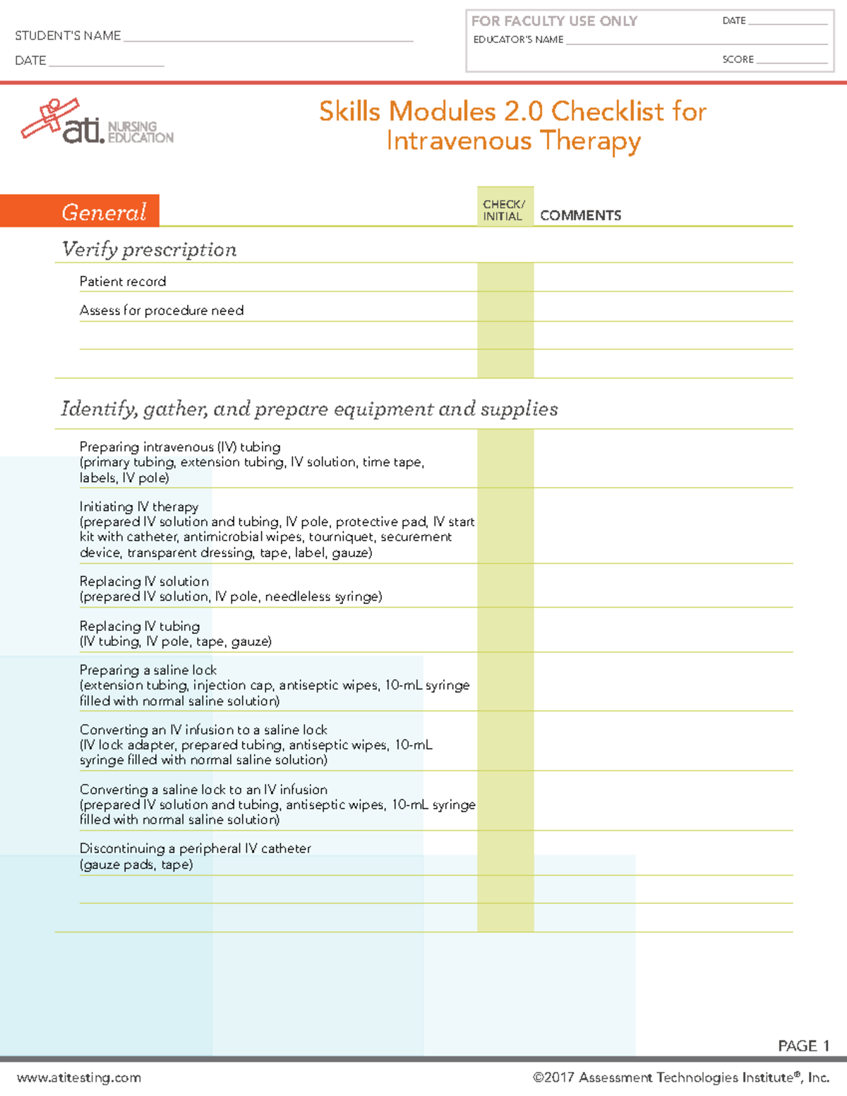 Skills Checklist for IV Therapy (IVT 101) - Student Evaluation Module ...