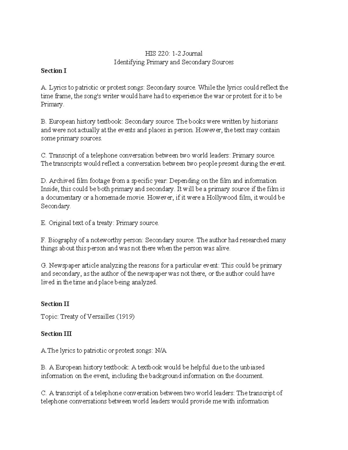 HIS 220: Journal 1 - Identifying Primary and Secondary Sources - Studocu