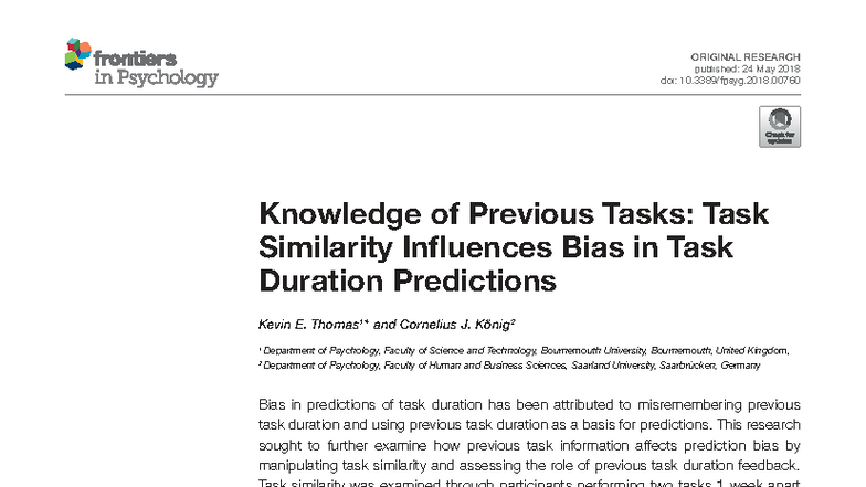 Knowledge of Previous Tasks: Task Similarity & Duration Bias in ...