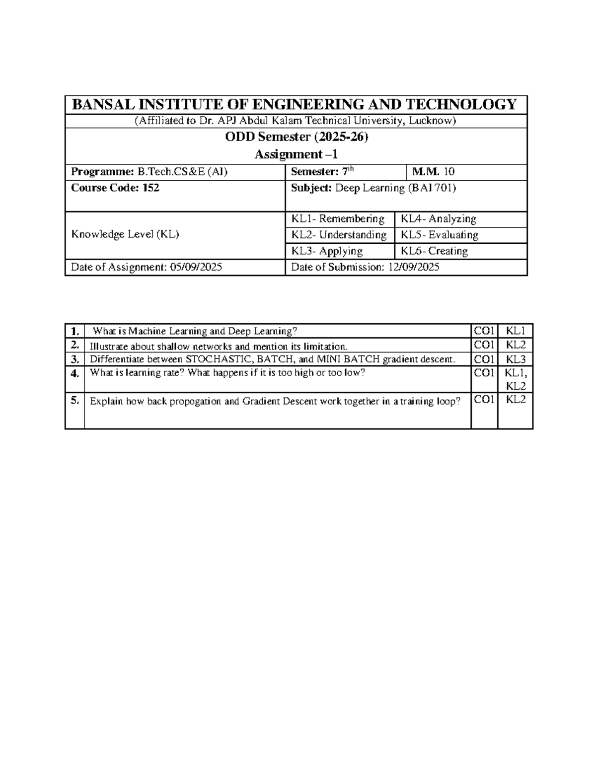 Deep Learning Assignment (BAI 701) - ODD Semester 7th M.M. 10 - Studocu