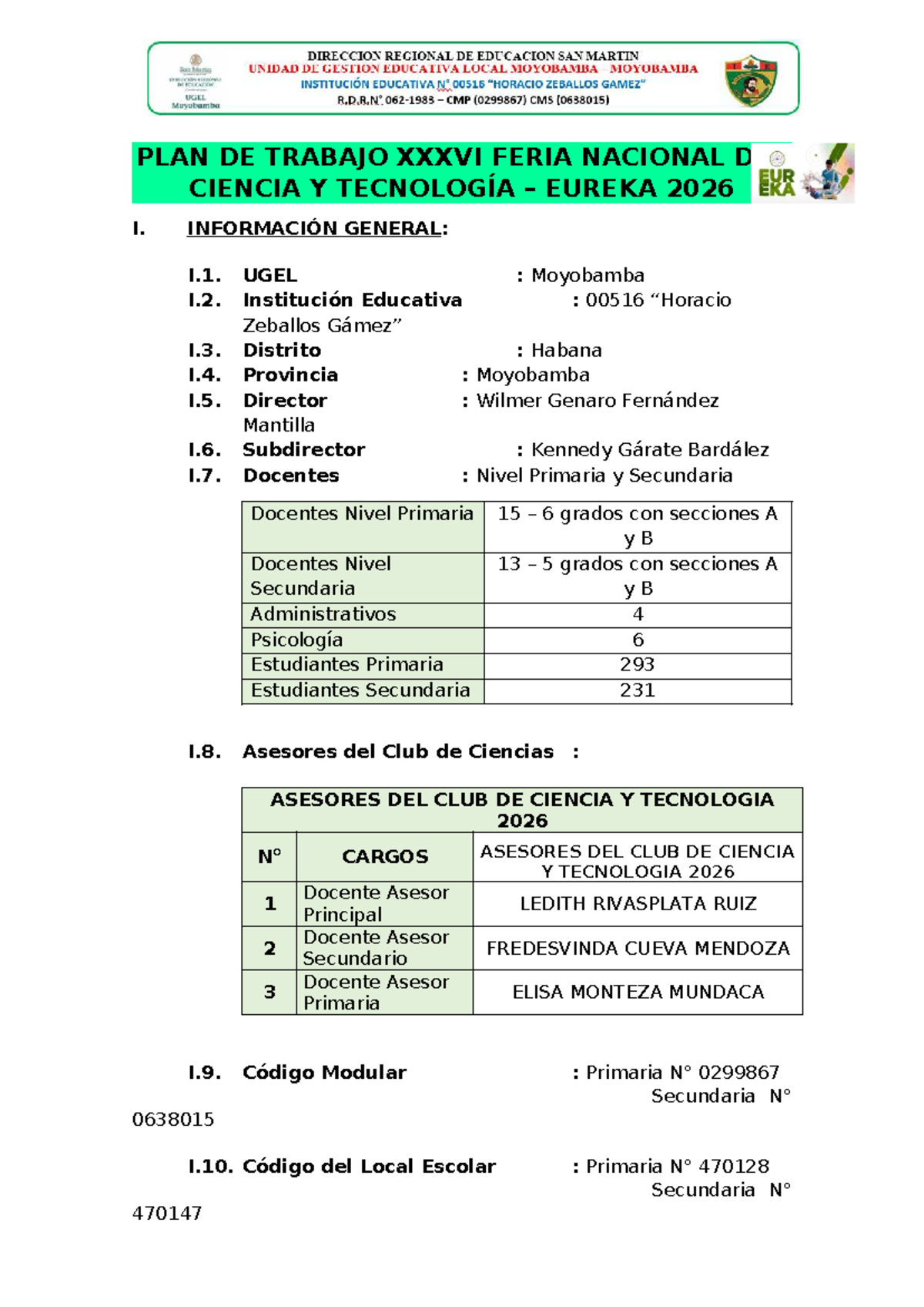 PLAN DE TRABAJO FERIA NACIONAL DE CIENCIA Y TECNOLOGÍA EUREKA 2026 ...