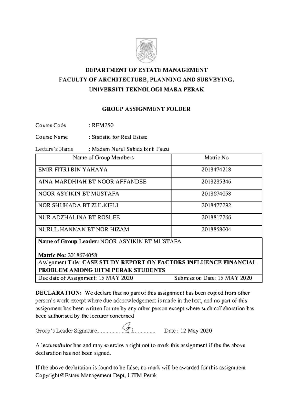 Contoh Statistic Report - DEPARTMENT OF ESTATE MANAGEMENT FACULTY OF ...