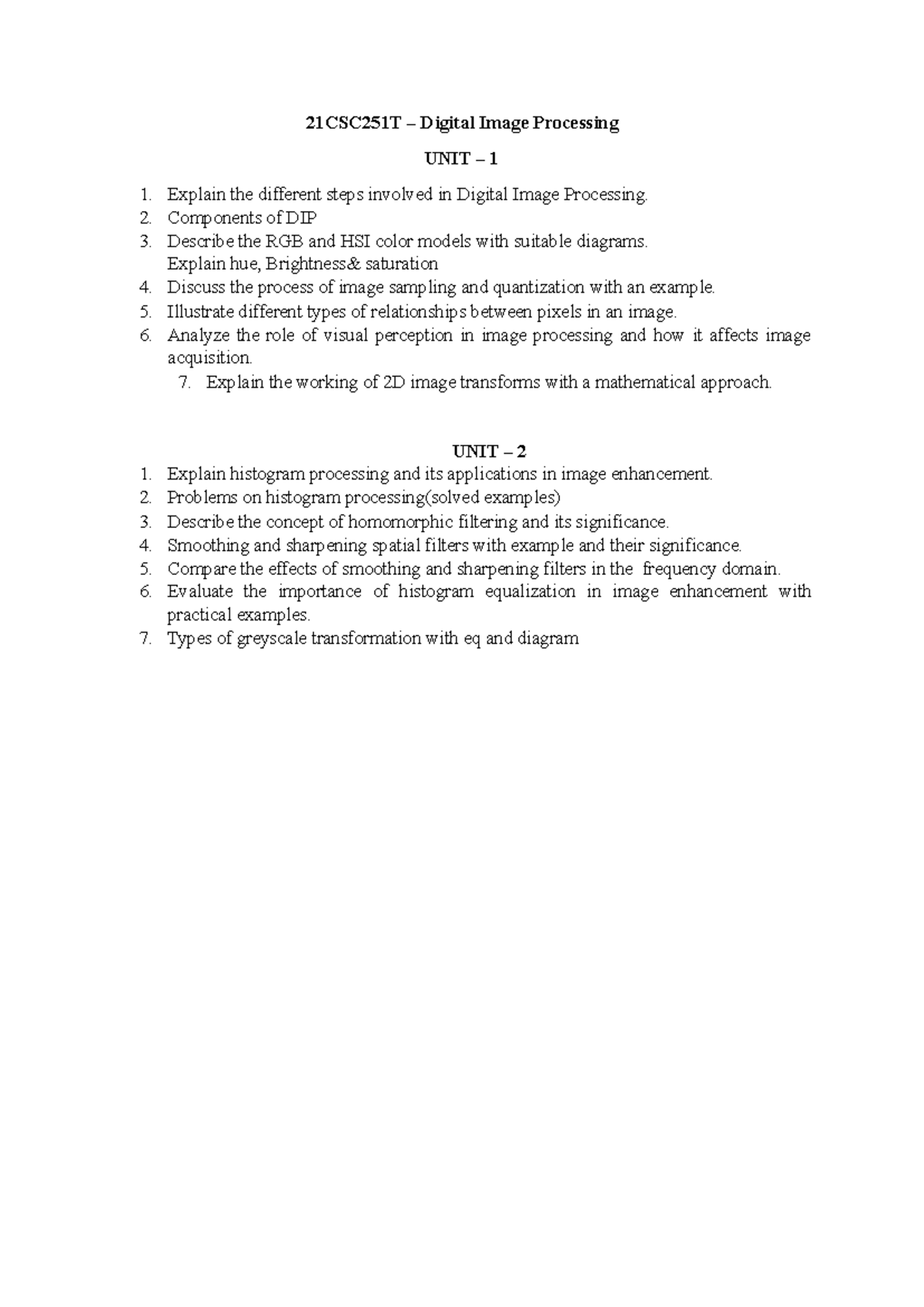 21CSC251T Digital Image Processing: Unit 1 & 2 Overview - Studocu