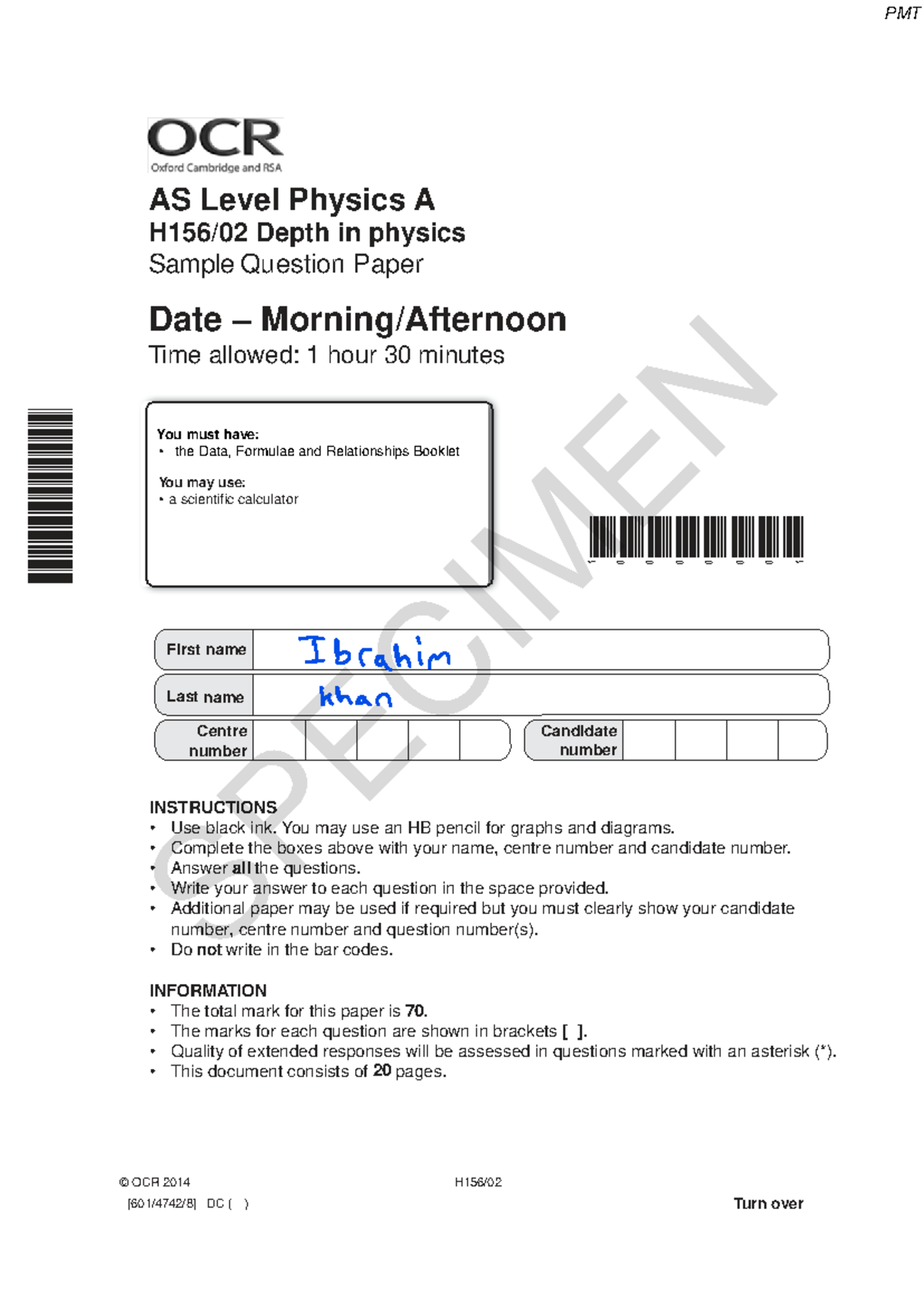Specimen QP - Paper 2 PMT AS Level Physics Sample Questions - Studocu