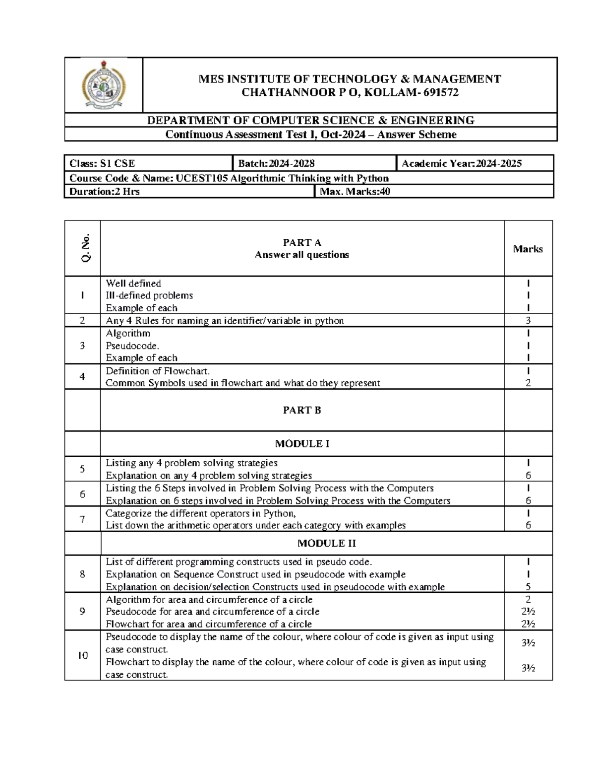 UCEST105 Algorithmic Thinking with Python - CAT I Answer Scheme - Studocu