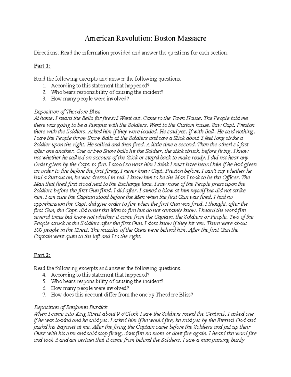 Boston Massacre: Reading Questions & Analysis (HIST 101) - Studocu