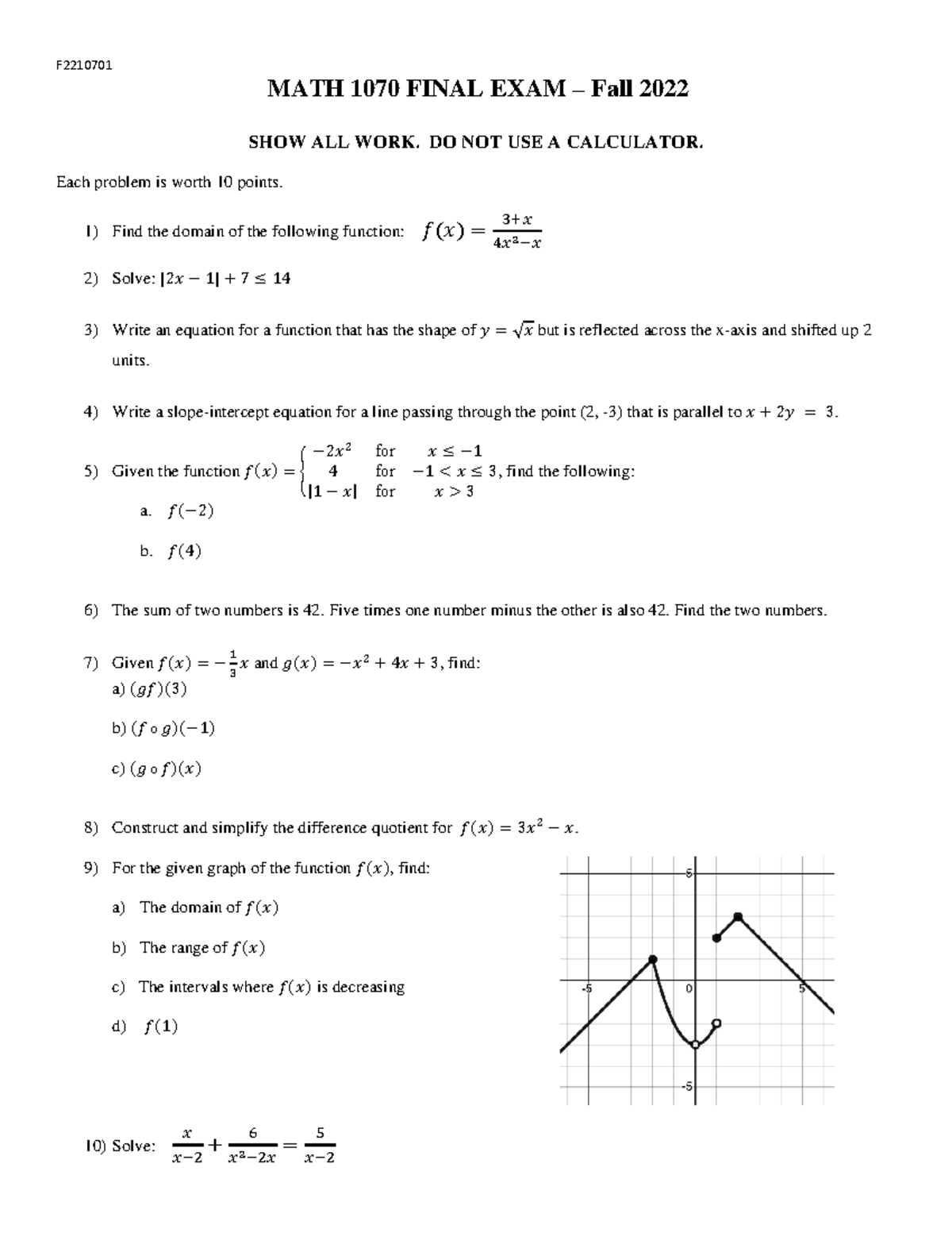 MATH 1070 Final Exam Fall 2022 - Show All Work Required - Studocu