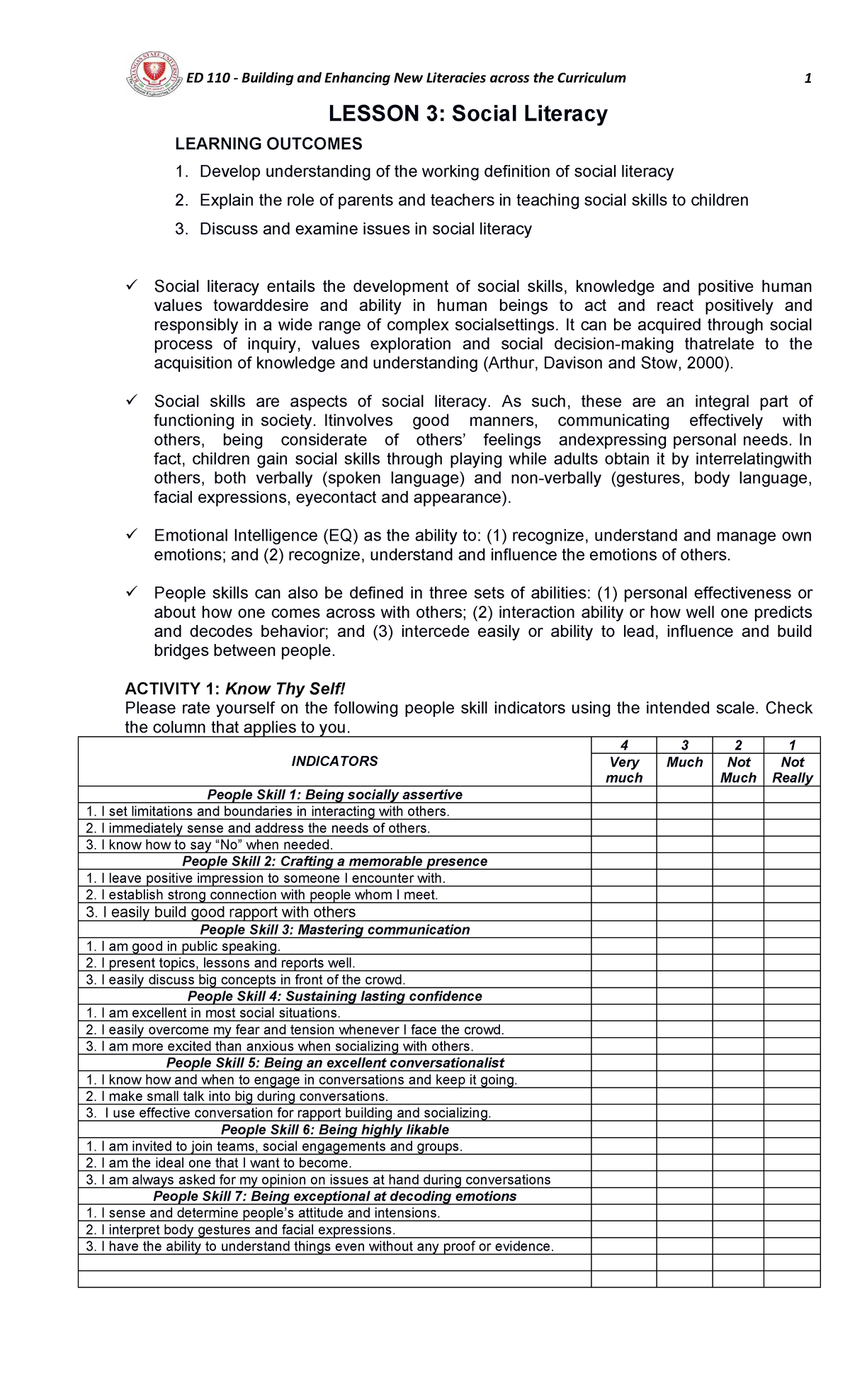 ED 110 Enhancing Social Literacy: Lesson 3 Insights and Activities ...