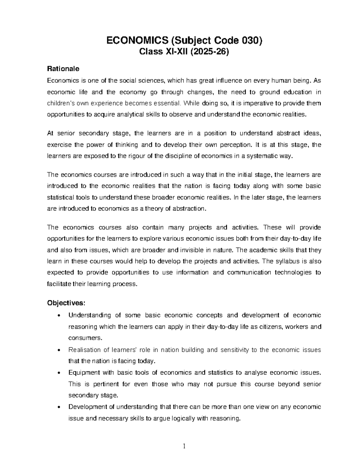 Economics Class XI (Subject Code 030) Syllabus & Project Guidelines ...