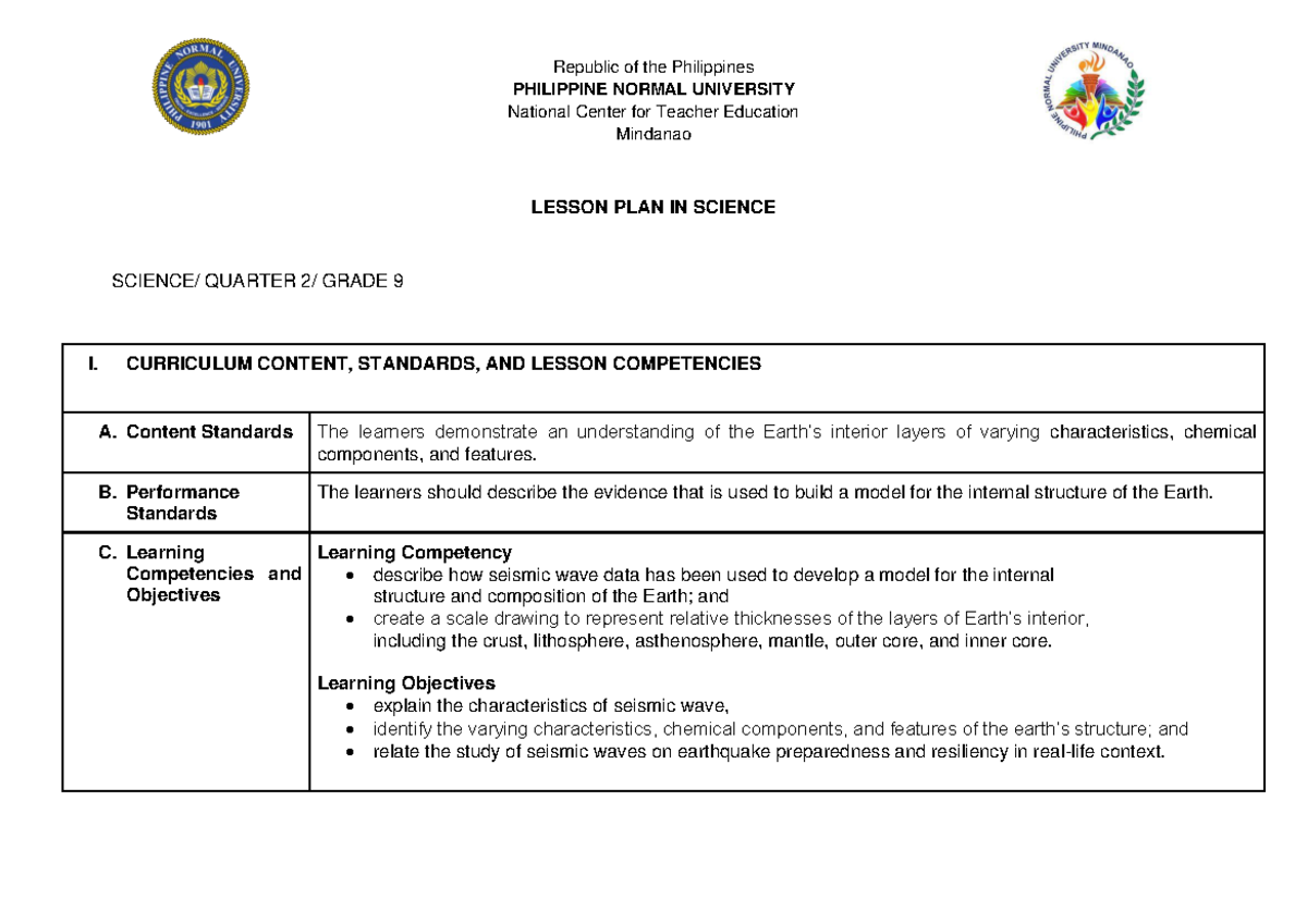 Lesson Plan in Science (Grade 9) - Structure of the Earth & Seismic ...